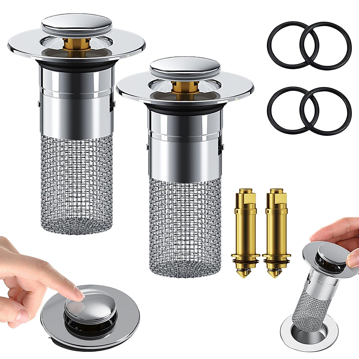 Bathroom Sink Stopper and Hair Catcher 2PCS 304 Stainless Steel Pop-Up Sink Drain Strainer with Removable Stainless Steel Filter Basket Hair Catcher for 1.1''-1.3'' Drain