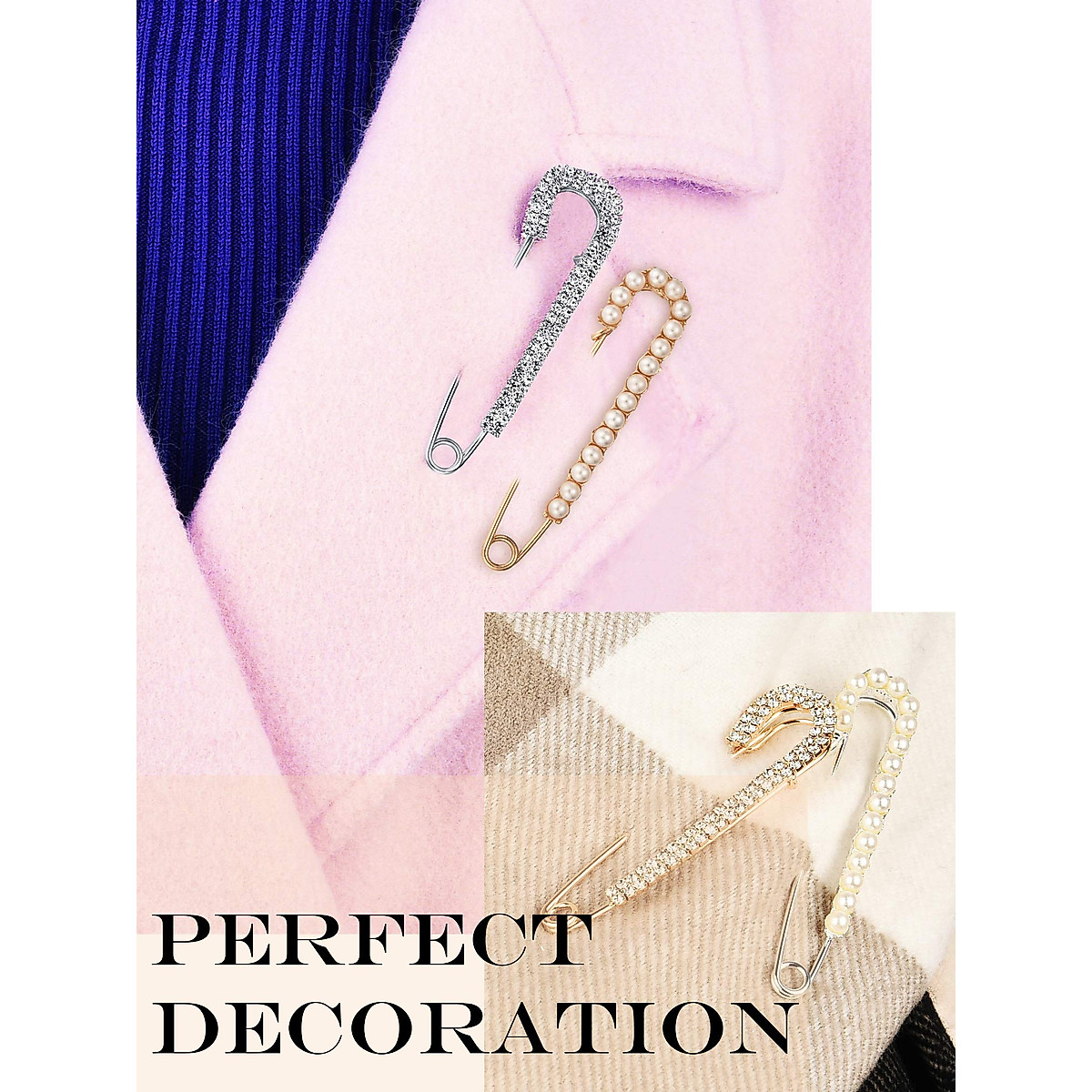 Women Brooch Pins Sweater Shawl Clips Faux Crystal Pearl Brooches Safety Pins Dress Shirt Clips for Women Gold Silver (4 Pieces)