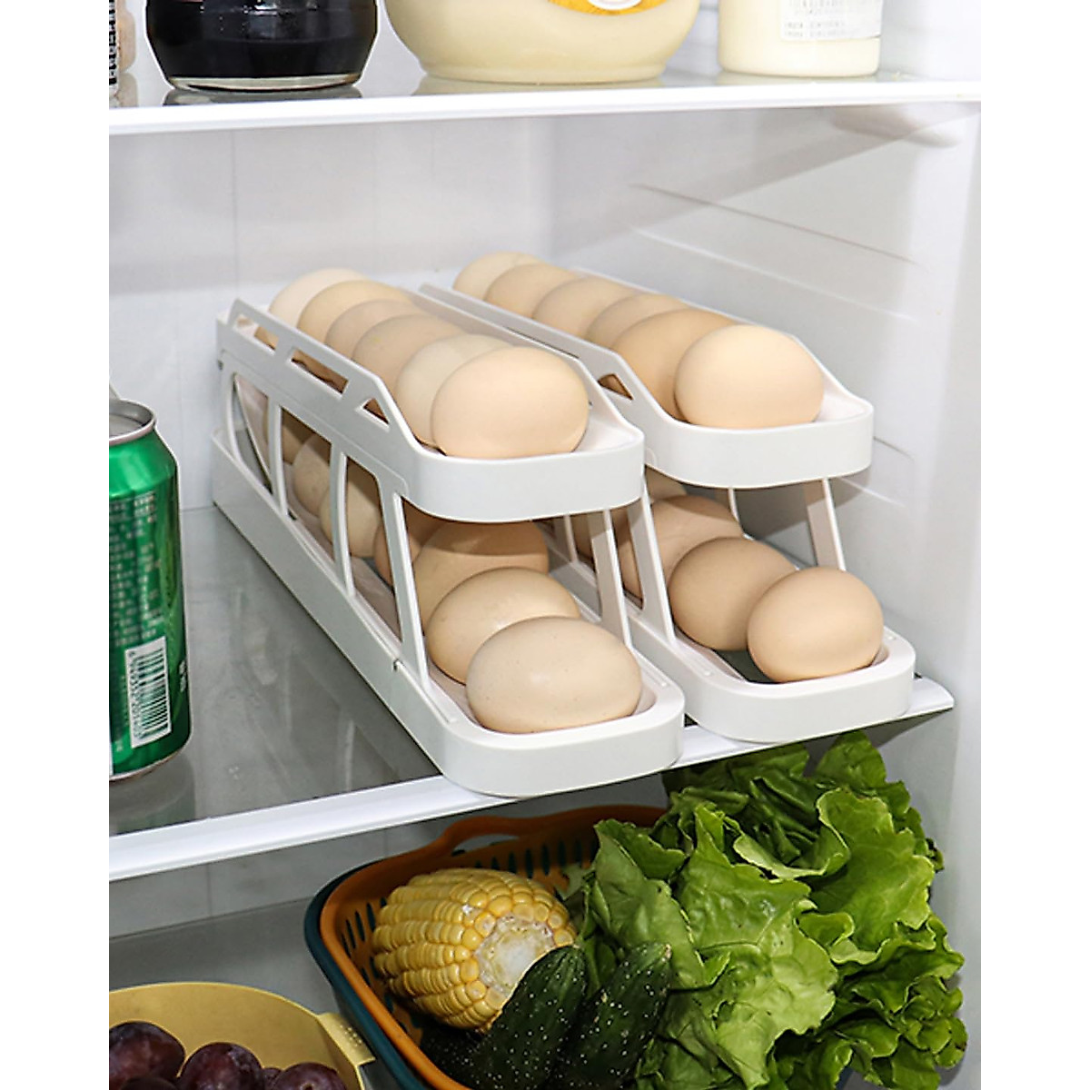 HAHOME Egg Holder for Fridge, Egg Dispenser Auto Rolling Egg Tray Storage and Organizer, Space-Saving Egg Roller for Refrigerator, White 2PCS