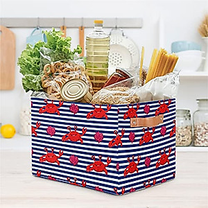 YoCosy Large Storage Baskets for Organizing Shelves Ocean Crab Navy Blue Stripe Nautical Foldable Cube Storage Bins with Handles Rectangle Fabric Closet Organizers for Home Toys Clothes, 1 Pack