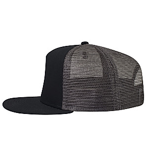OTTO Round Flat Visor SNAP 5 Panel Mesh Back Trucker Snapback Hat - Blk/Blk/Ch.Gry