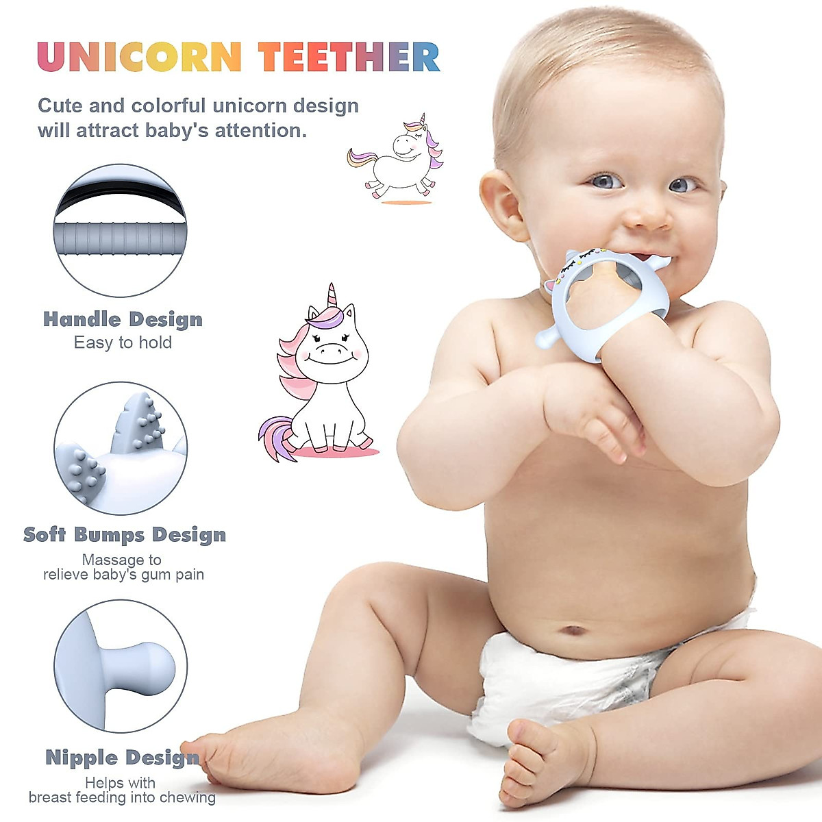 Tinabless Teething Toys (5 Pack) + Unicorn Never Drop Silicone Teether Set for Babies 6-12 Months, Natural Organic Freezer Safe for Infants and Toddlers, Silicone Baby Teethers (Blue)