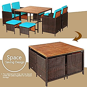 HAPPYGRILL 9PCS Patio Dining Set Outdoor Dining Furniture Set with Cushions, Space-Saving Dining Table with Acacia Wood Tabletop Rattan Wicker Chair and Ottoman Sets for Backyard Garden Poolside