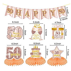 Crenics Rose Gold 50th Birthday Decorations for Women - Happy 50 Birthday Banner, Honeycomb Centerpieces, Hanging Swirls and Balloons for 50 Birthday Party Supplies