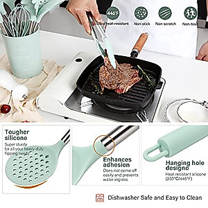 NCUE Cooking Utensils Set, 28 Pcs Silicone Kitchen Utensils Set with Holder, Silicone Whisk, Spatulas, Scissors, Measuring Cups and Spoons Set with Stainless Steel Handle Kitchen Gadgets (Light Green)