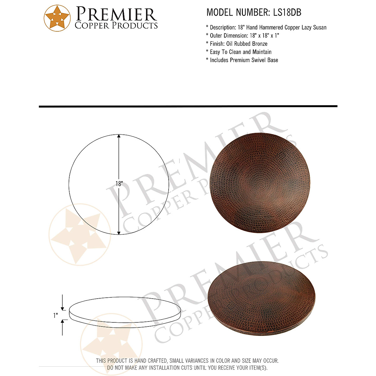 Premier Copper Products LS18DB 18-Inch Hand Hammered Copper Lazy Susan, Oil Rubbed Bronze