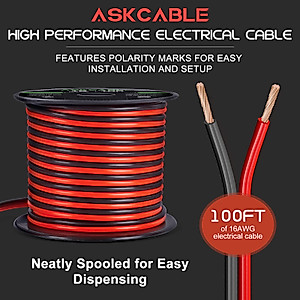 Askcable 16Gauge 100FT Electrical Wire Cable Flexible Wire Extension Cord 16AWG Copper Clad Aluminum Copper Wire 2 Conductors Red Black Parallel Wire line Hookup LED Lighting Strips 12V/24V DC Cable