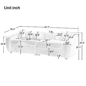 WILLIAMSPACE 87.7" Modern Sofa Couch, Back Upholstered Couch with 5 Decorative Throw Pillows, Teddy Fabric Couch 3 Seater Sofa for Living Room, Office, Apartment (Grey)