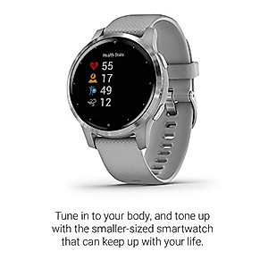 Garmin vivoactive 4S, Smaller-Sized GPS Smartwatch, Features Music, Body Energy Monitoring, Animated Workouts, Pulse Ox Sensors and More, Silver with Gray Band (Renewed)