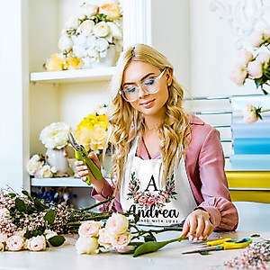 Personalized Kitchen Apron Initial Name Flowers Design - Customized Woman Man White Aprons Gift for Chef Cooking BBQ Grill Baking White Aprons - Gifts for Women Men - Unisex Cotton, Add Your Text -C02
