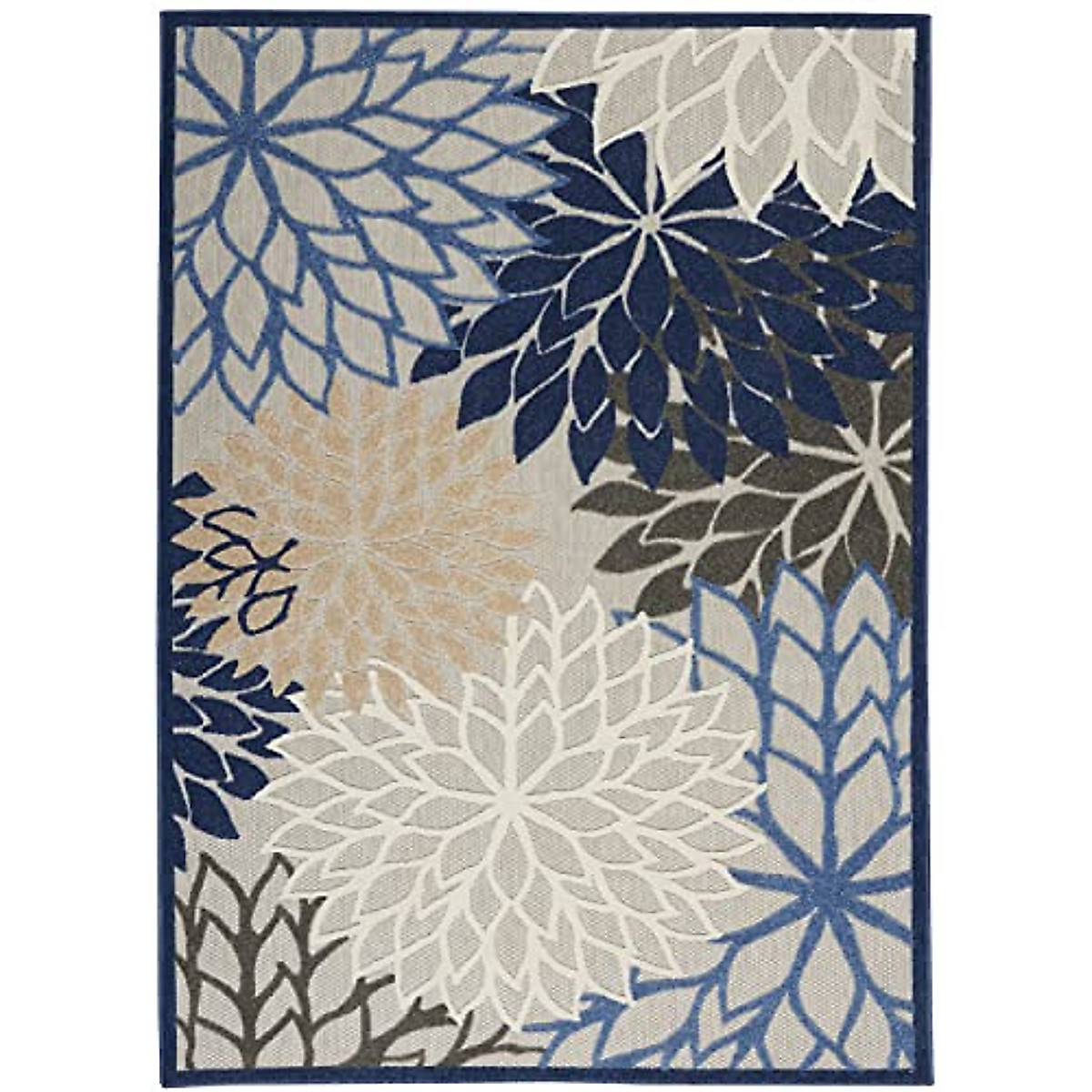 Nourison Aloha Indoor/Outdoor Blue/Multicolor 5'3" x 7'5" Area-Rug, Tropical, Botanical, Easy-Cleaning, Non Shedding, Bed Room, Living Room, Dining Room, Deck, Backyard, Patio (5x7)