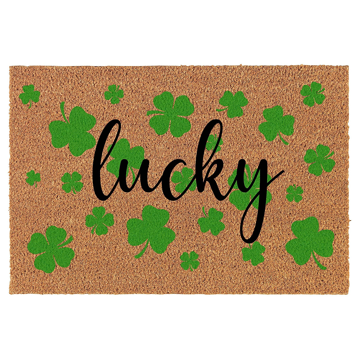 Welcome Doormat Coco Coir Door Mat Green 3 & 4 Leaf Clovers Lucky Irish St Patrick's Day (30" x 18")