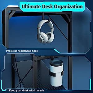 OMICON Computer Desk with LED Light, 42-55 Inch Gaming Desk with Reversible Storage Shelves, Office Desk with Power Outlets Corner Desk for Home Office, Small Space Desk Black Carbon Fiber (42)