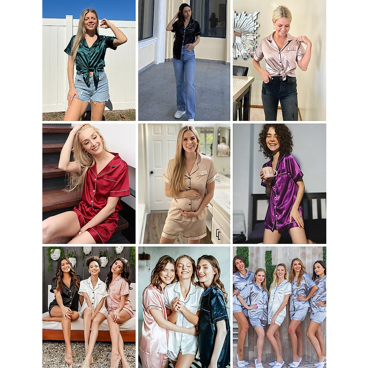 Ekouaer Womens Pajama Sets 2 Piece Silk Pjs Short Sleeve Sleepwear Satin Button Down Nightwear Lounge Shorts Set,Champagne,X-Large