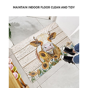 Fluffy Bath Rug Cow Sunflower Farm Flowers Animals Plank,Non Slip Shag Carpet Soft Floor Door Mat Pastoral Country Farmhouse,Absorbent Entrance Rugs for Kitchen Bathroom Living Room 24x35in