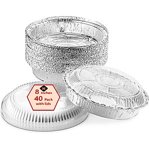 Mr Miracle Pack of 40 Disposable Aluminum Foil Pans with Clear Lids –8 Inch Circular Aluminum Pans, Ideal for Baking, Storing, Heating, Serving - Round Foil Pans with Lids