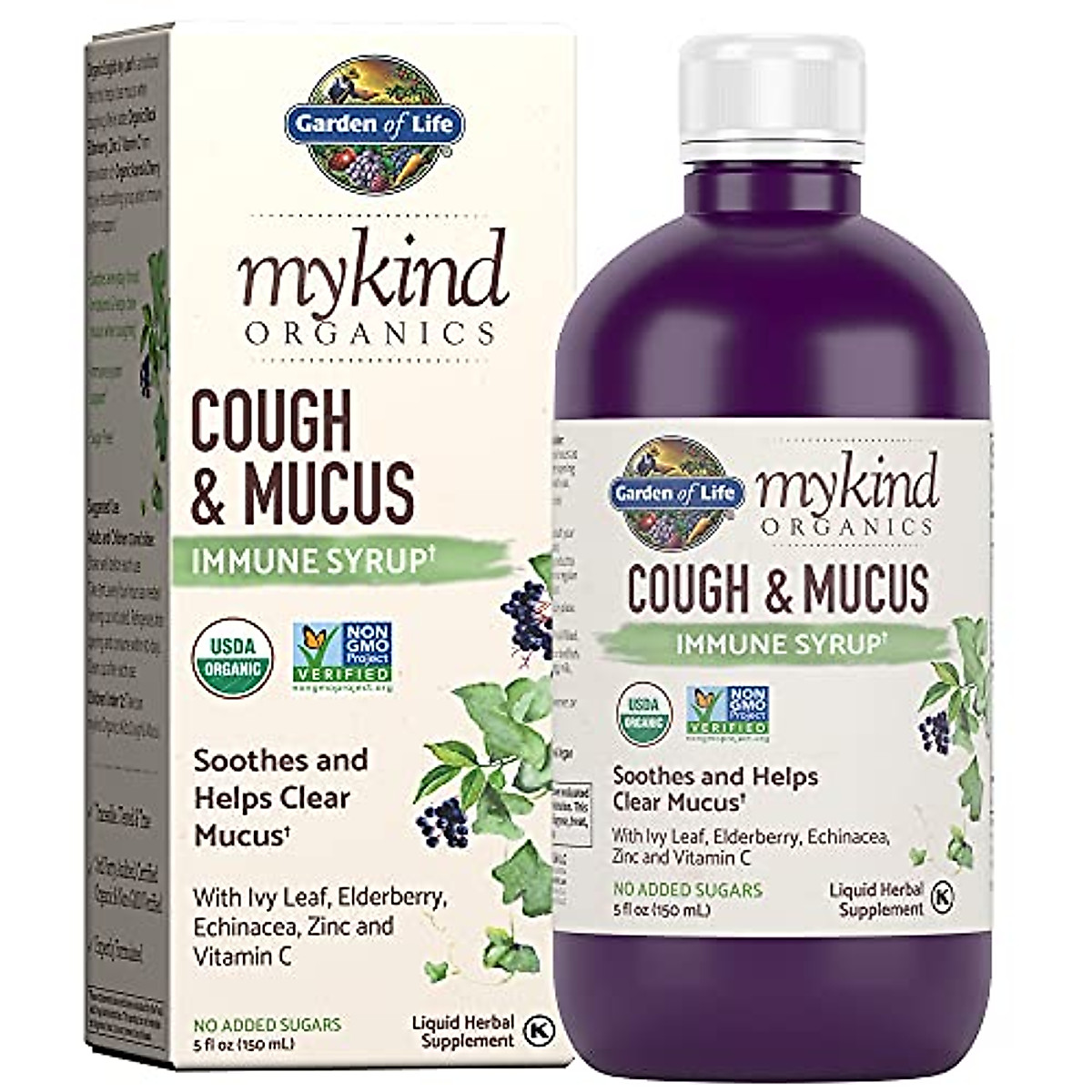 Garden of Life Elderberry Zinc Immune Support for Adults and Kids 12 & Older, mykind Organics Cough & Mucus Immune Syrup 5 fl oz with Ivy Leaf, Vitamin C and Echinacea, No Added Sugars