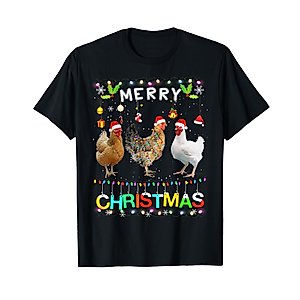 Merry Christmas Chicken Shirt Santa Hat Lights Xmas Funny T-Shirt