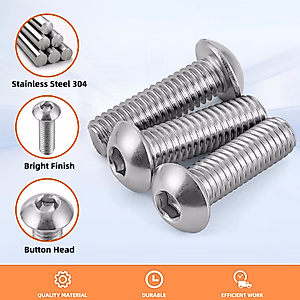 5/16-18 x 1" Button Head Socket Cap Screws, 304 Stainless Steel 18-8, Bright Finish, Coarse Thread Fully Threaded, Allen Hex Drive, 12 PCS