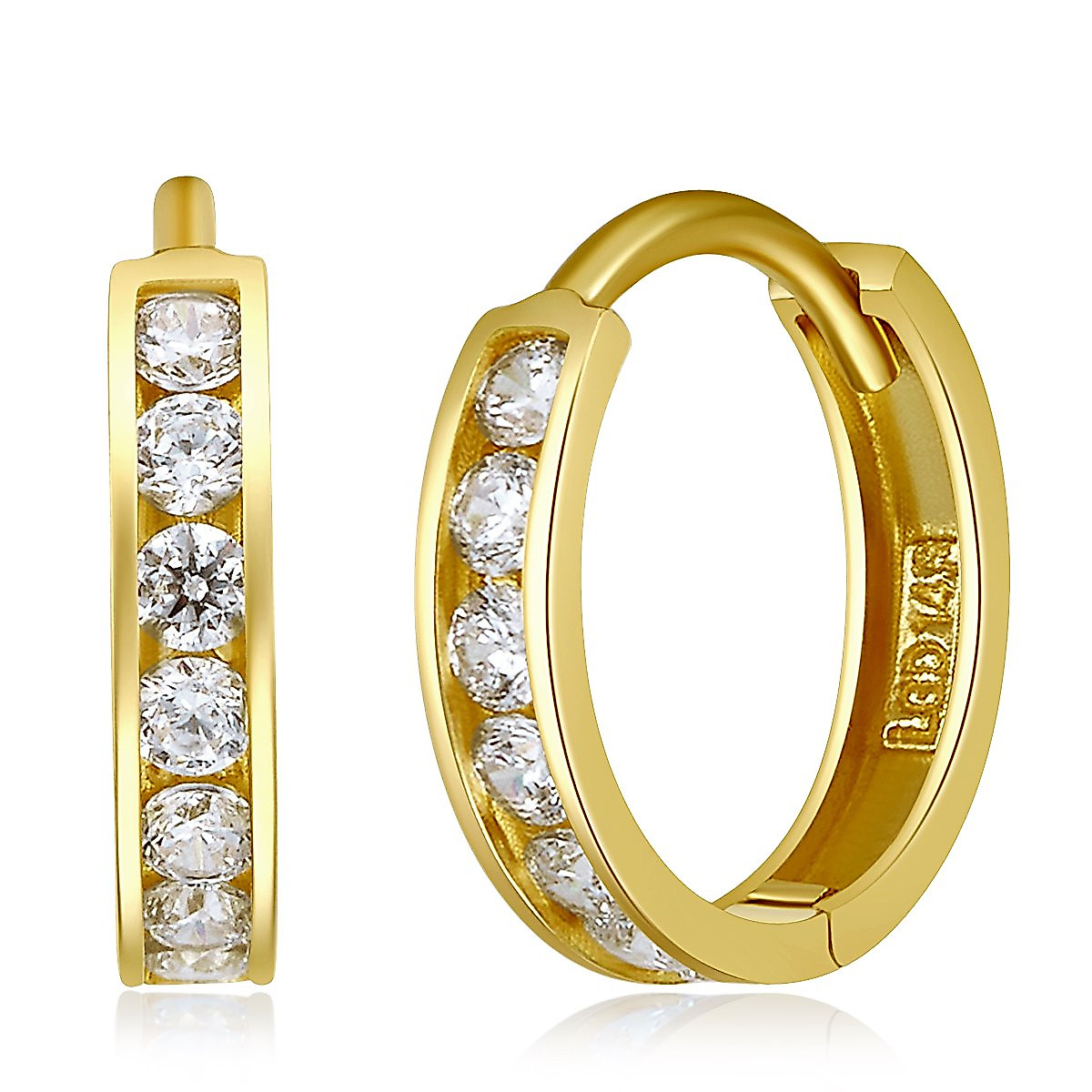 14k REAL Yellow Gold 2mm Thickness CZ Channel Set Hoop Huggie Earrings (12 x 12 mm)