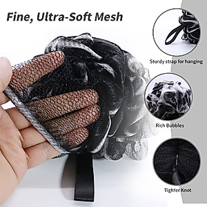 Bath Puffs Shower Loofah Sponge - Mesh Body Poufs, Large Loufa Sponges, Men Women Luffas, Soft Exfoliating Shower Lufa Poofs Back Scrubber Ball loofas for Skin Wash, 3 Pack（XL 75G), Black