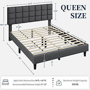 Yaheetech Upholstered Bed Frame, Modern Queen Bed Platform with Square Stitched&Button Tufting Headboard Height Adjustable, Wooden Slats Support, No Box Spring Needed, Queen Size, Dark Grey