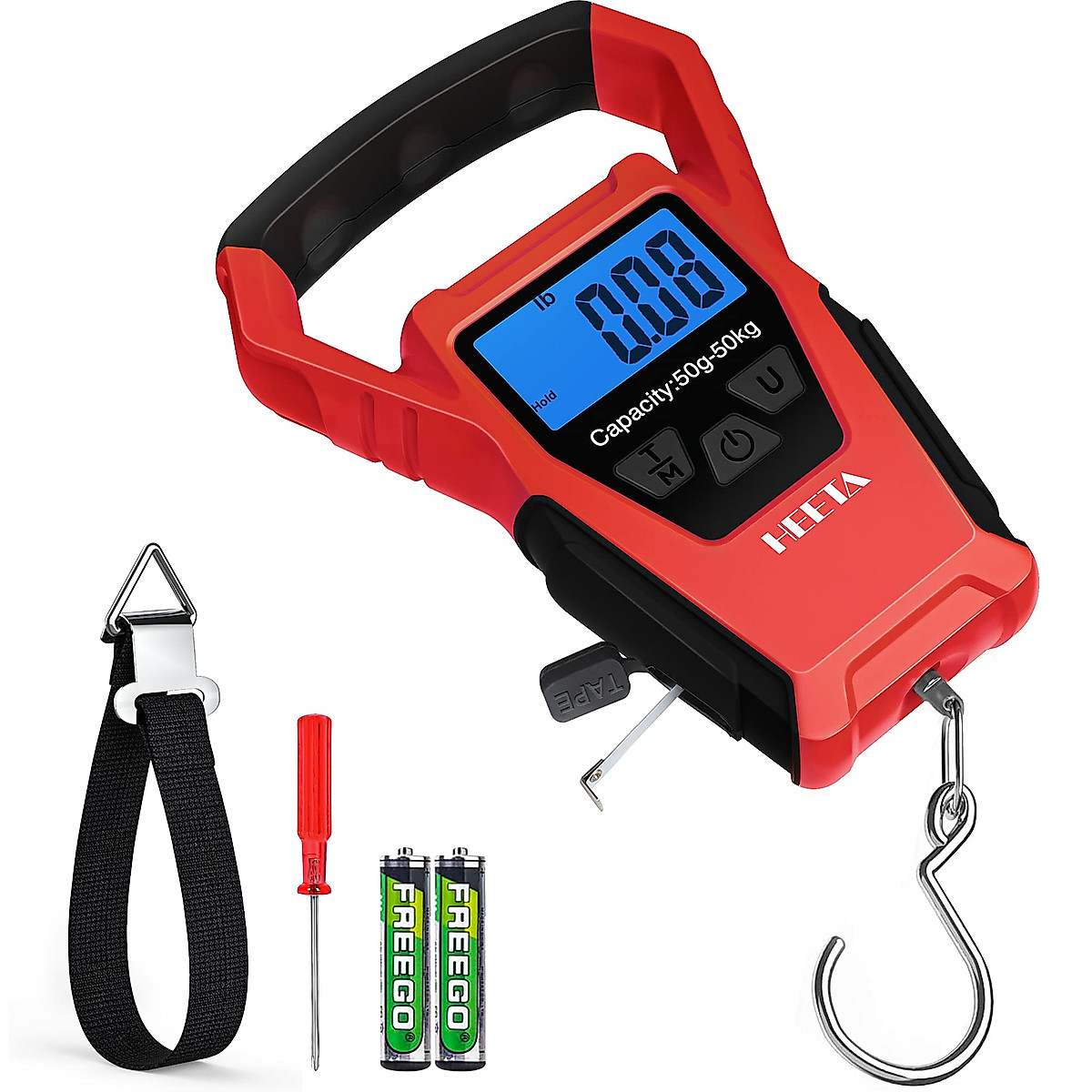 HEETA Waterproof Fish Scale Digital with Backlit LCD Display, 110lb/50kg Portable Hanging Scale Fishing Scale for Home and Outdoor, Measuring Tape and 2 AAA Batteries Included (Red)