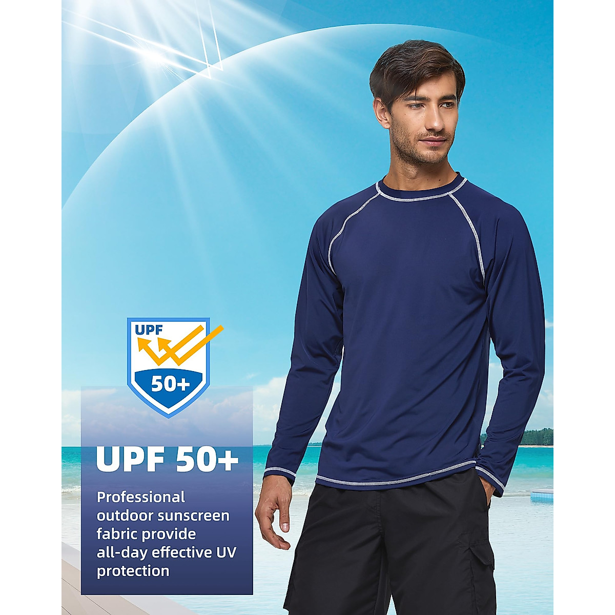 Arcweg Rashguard Men Long Sleeves Diving UV Protection UPF 50+ Elastic Rash Vest Loose Fit Top Swimming Quick Drying Surfing Pool T-Shirt Sports Top Rashie XL (US) Dark Blue