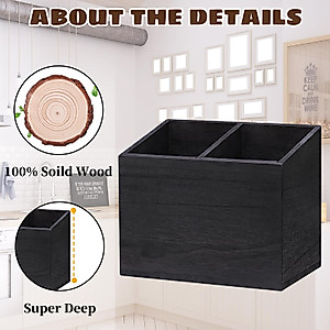 Wooden Kitchen Utensil Caddy With 2 Compartments, Rustic Kitchen Utensil Holder for Kitchen Countertop, Wood Utensil Crock Organizer Box for Farmhouse Kitchen Decor (black)