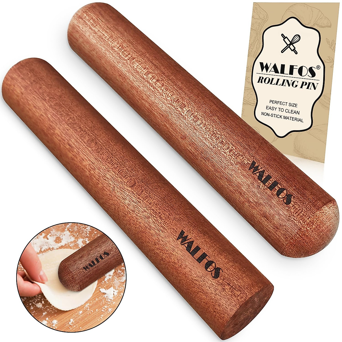 Walfos Mini Rolling Pin Set - Natural Wooden Rolling Pins, Baking Dough Roller for Pizza, Pie, Pasta, Bread, Pastry, No Coating (8inch)