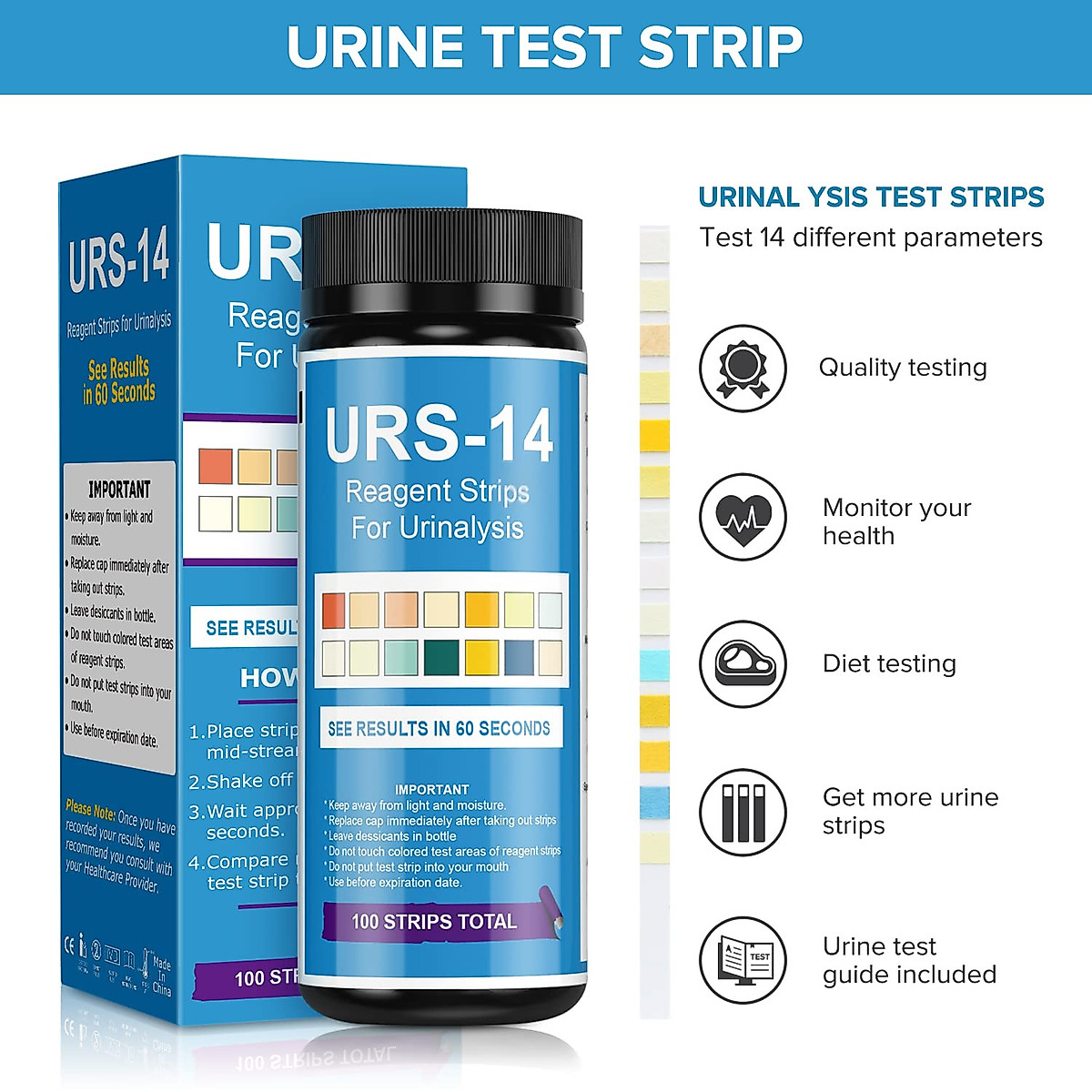Urine Test Strips 14 Parameters 100 Count, Urinalysis Urine Test Strip for UTI, Keto, Ketosis, Protein, Specific Gravity, Ketone