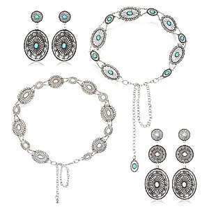 Newtay 4 Pcs Western Belts for Women Cowgirl Concho Belts Earrings Set Including 2 Metal Turquoise Belts 2 Pairs Dangle Earrings(White, Green)