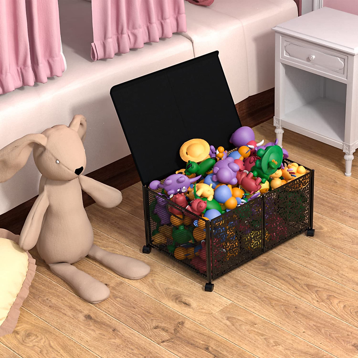 IDMOP Large Metal Toy Box Storage,Toy Box Chest with Lid,Collapsible Sturdy Toy Storage Bins With Wheels,Toy Storage Baskets with Handles for Nursery Playroom (2 Pack, Black)