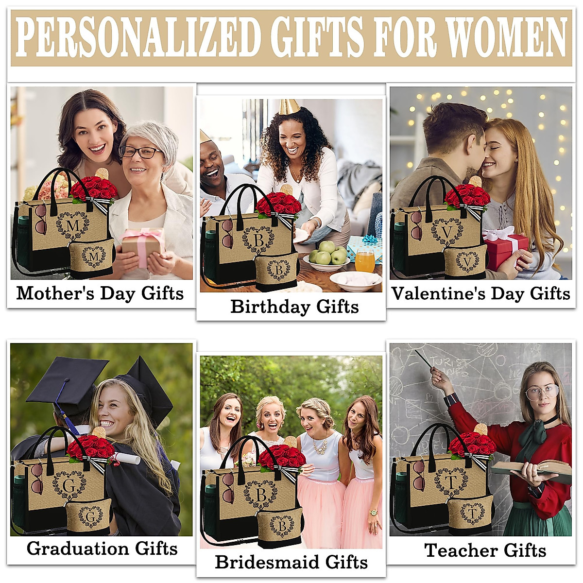 YOOLIFE Unique Mom Birthday Gifts for Women, Mother of the Bride Gifts Initial Jute Tote Bag for Women Beach Bag Tote Makeup Bag with Zipper Personalized Gifts Friend Birthday Gifts for Women Letter E