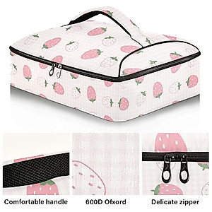Kcldeci Insulated Thermal Food Carrier Insulated Casserole Carrier for Hot or Cold Food,Strawberry on Checkered Insulated Tote Bag for Potluck Cookouts Parties Picnic,Lasagna Lugger