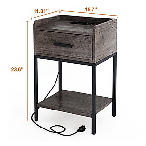 Fixwal Night Stand with Charging Station, Bed Side Table with Storage Drawer, End Table with USB-Ports and Outlets, Rustic Grey