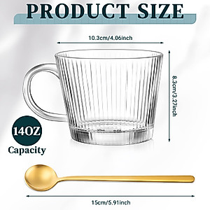 Rtteri 14 oz Set of 6 Glass Coffee Mugs with Spoons Clear Glass Cups Stripes Stackable Vintage Coffee Mugs Aesthetic Clear Tea Cups Espresso Demitasse Cups for Cappuccino Tea, Gift