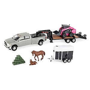 TOMY CASE Construction Farm Playset - 1:32 Scale - Includes SV340B Skid Loader, RAM Pickup Truck Toy, Gooseneck Trailer, Horse Trailer, Horse Toys and Hay Bales - Ages 3 Years and Up