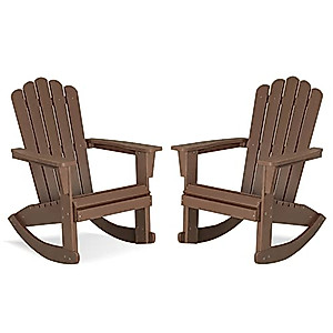 Psilvam Adirondack Patio Rocking Chair, Poly Lumber Porch Rocker with High Back, 350Lbs Support Rocking Chairs for Both Outdoor and Indoor, Poly Rocker Chair Looks Like Real Wood Set of 2（Brown）
