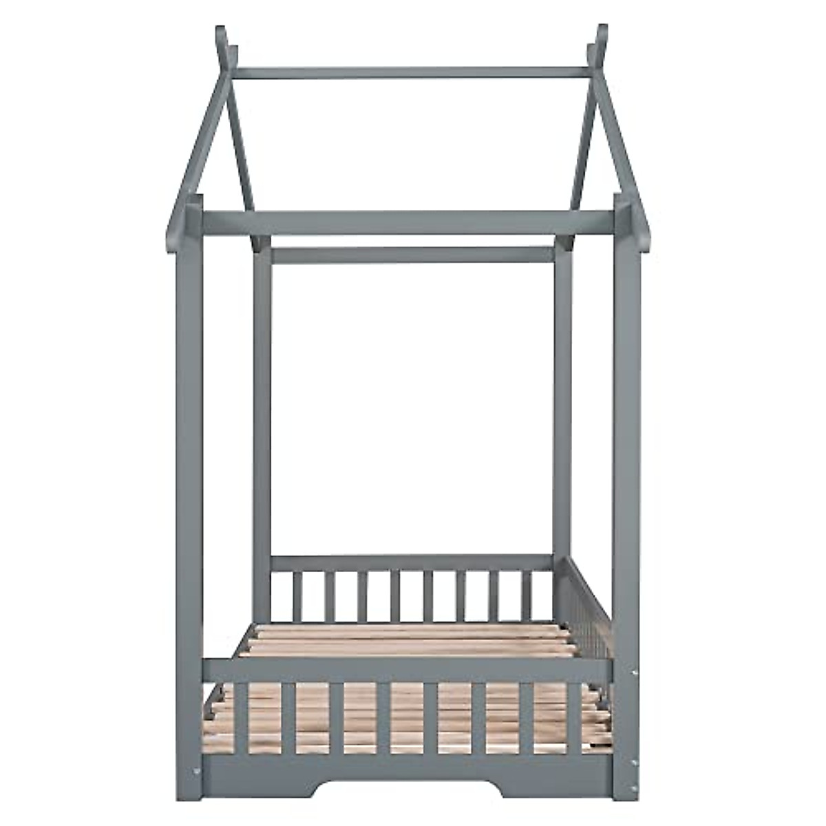 MERITLINE Twin Size House Bed with Extendable Bed, Wooden Kids Bed Frame with Twin to King Design, Platform Bed with Roof & Slat Support, No Box Spring Needed (Grey)