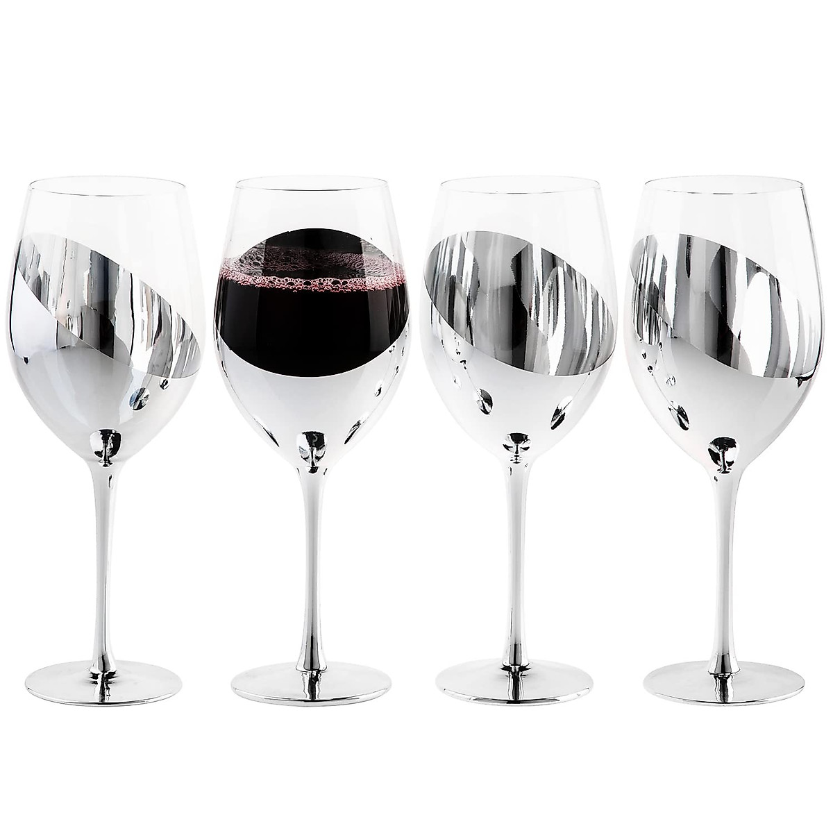MyGift Modern Silver Long Stemmed Wine Glasses for White or Red Wine with Elegant Angled Design, Set of 4