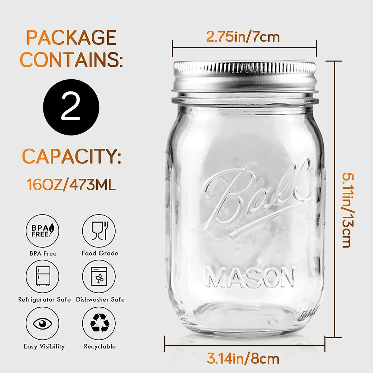 Showvigor 2 Pack Wide Mouth Mason Jars 16oz Glass Canning Jars with Detachable Airtight Lids for Preserving, Jam, Honey, Jelly, Wedding Favors, Sauces, Meal Prep, Overnight Oats, Salad, Yogurt
