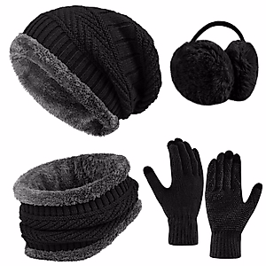 4-Pieces Warm Winter Beanie Hat Scarf Set Thick Knit Hat Beanie Skull Caps Scarfs for Women Men(Black, One Size)