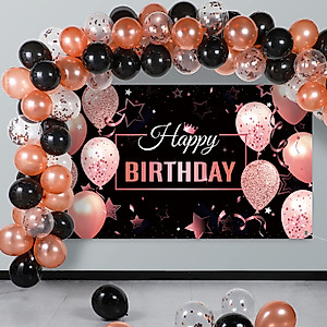 Black and Rose Gold Birthday Party Supplies 57 Pcs Rose Gold Black Balloon Arch Garland Kit Happy Birthday Photography Backdrop Banner Decorations for Women Men Kids Anniversary Birthday Party Decor