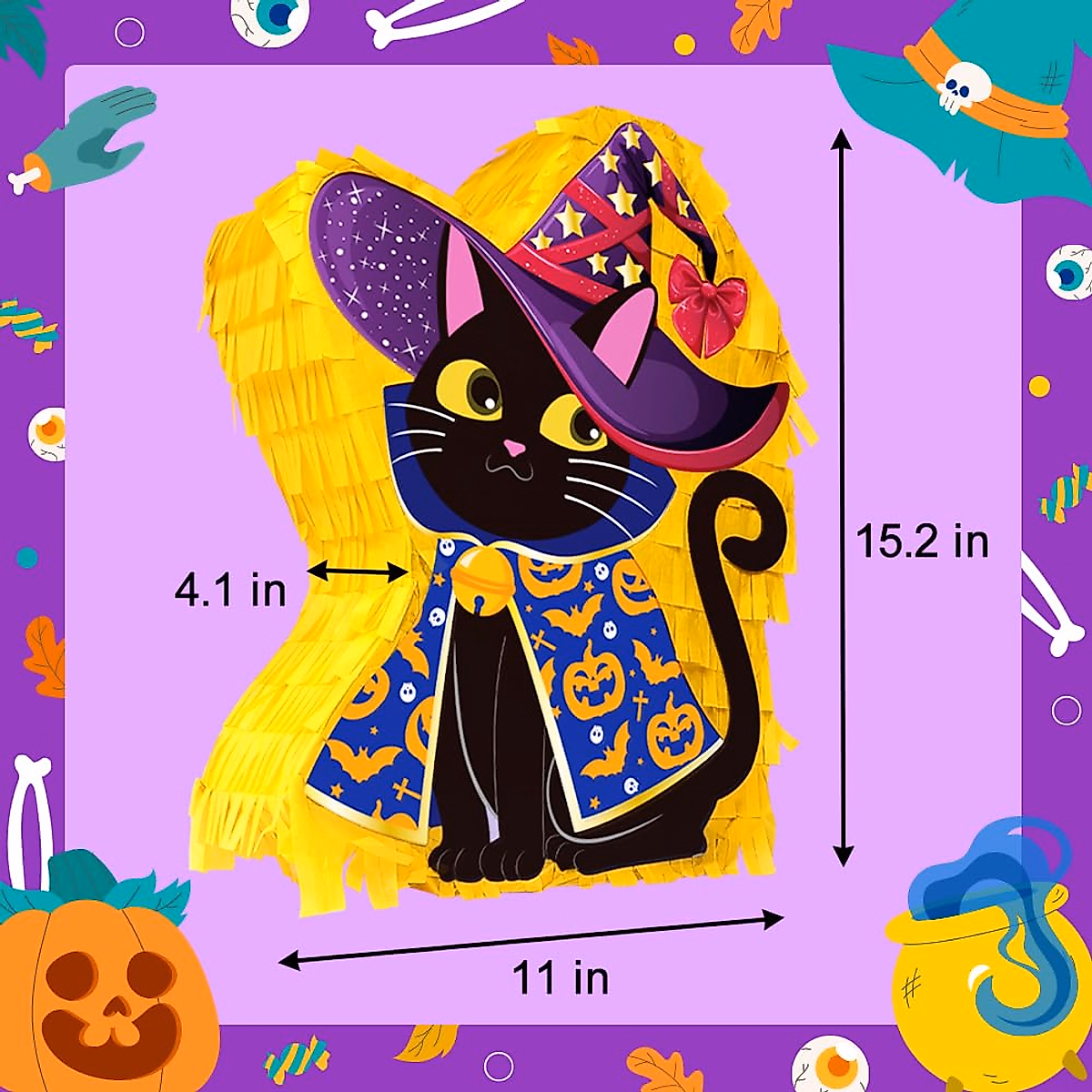 Halloween Pinata Black Cat Pinata for Kids and Adults Halloween Black Cat in Witch Cloak Pinata with Stick and Blindfold for Halloween Theme Party Decoration, Cute and Spooky Halloween Party Supplies