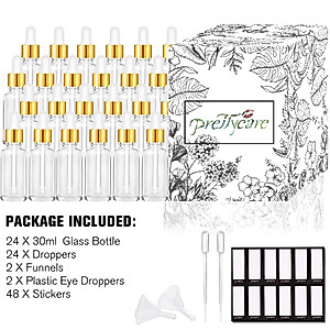 PrettyCare 1oz Glass Dropper Bottle 24 Pack Clear Glass Bottles Empty with 2 Funnels & 2 Long Pipettes, 30ml Eye Dropper Bottles for Essential/Cuticle/Body Oils, Tincture