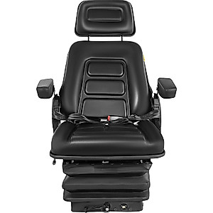 VEVOR Universal Tractor Suspension Seat, 35-170° Backrest Angle Adjustable Air Ride Seat Replacement w/Seat Belt & Safety Switch, Compatible with Forklift/Van/Mower, Black Vinyl