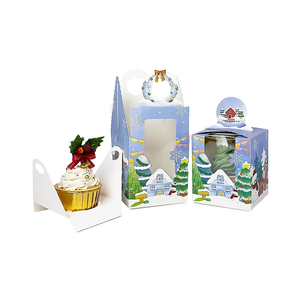 Christmas Individual Cupcake Boxes with Window 32 Count Snow Day Single Cupcakes Box 3.6 * 3.6 * 4.3inch Cupcake Carrier