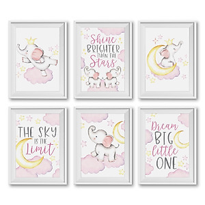 6 Reversible 8x10 Elephant Wall Art Prints, Baby Elephant Nursery Decor, Baby Elephant Baby Shower Decorations For Girl Wall Decor For Bedroom, Elephant Bathroom Decor, Elephant Wall Decor For Nursery
