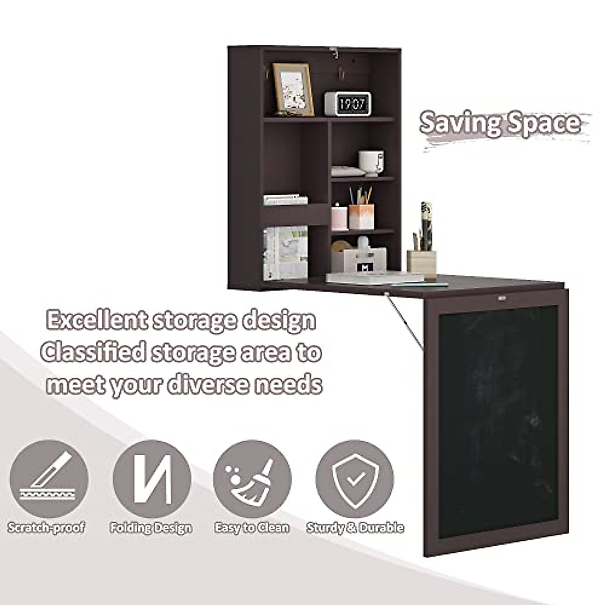 JAXPETY Wall Mounted Space-Saving Desk, Fold Out Computer Laptop Desk with Storage Bookcase & Chalkboard, Convertible Writing Desk for Home Office, Brown
